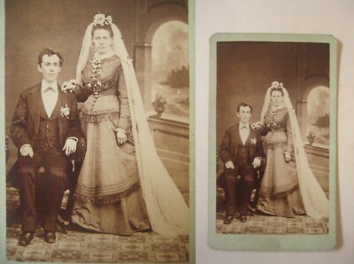 1880 Wedding CDV Photo,Couple Full Length Bride w/Veil,Fringed Dress ...