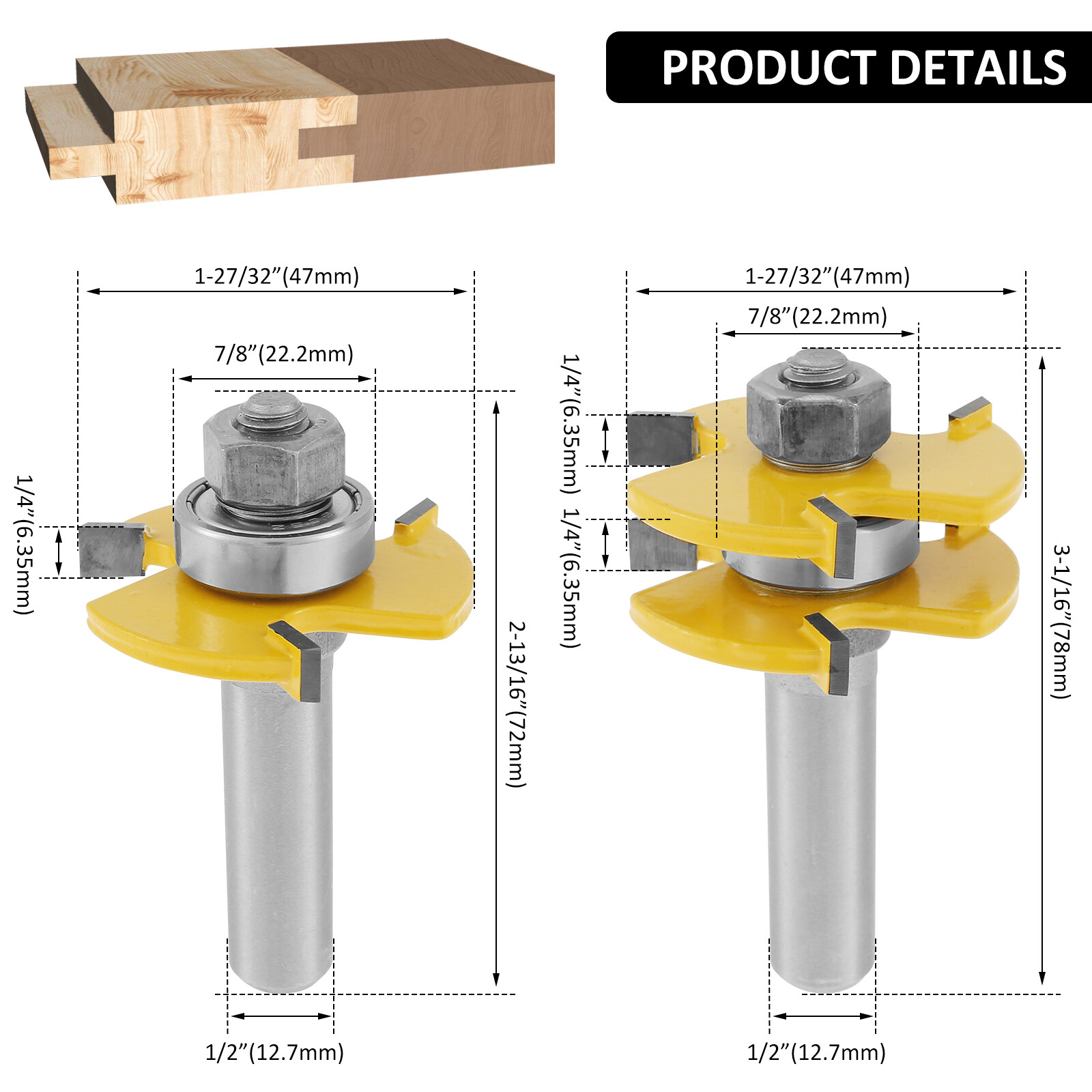 2Pcs 1/2inch Shank Tongue and Groove Router Bit Set Carbide T-Shape 3 ...