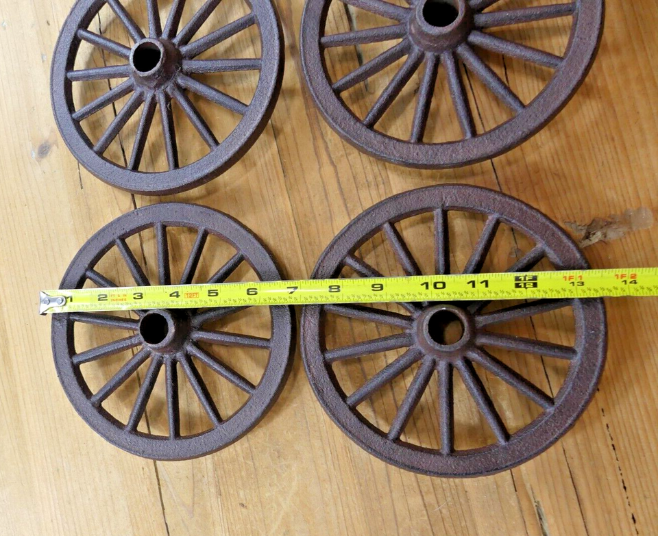 4 Small Cast Iron Wagon Wheel 6 3/4" Wide Table Cart Wheels Spoke ...