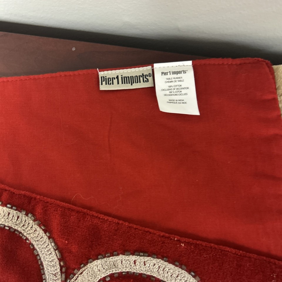 Pier 1 Imports Christmas Holiday Table Runner Red Beaded 100% Cotton 14 ...