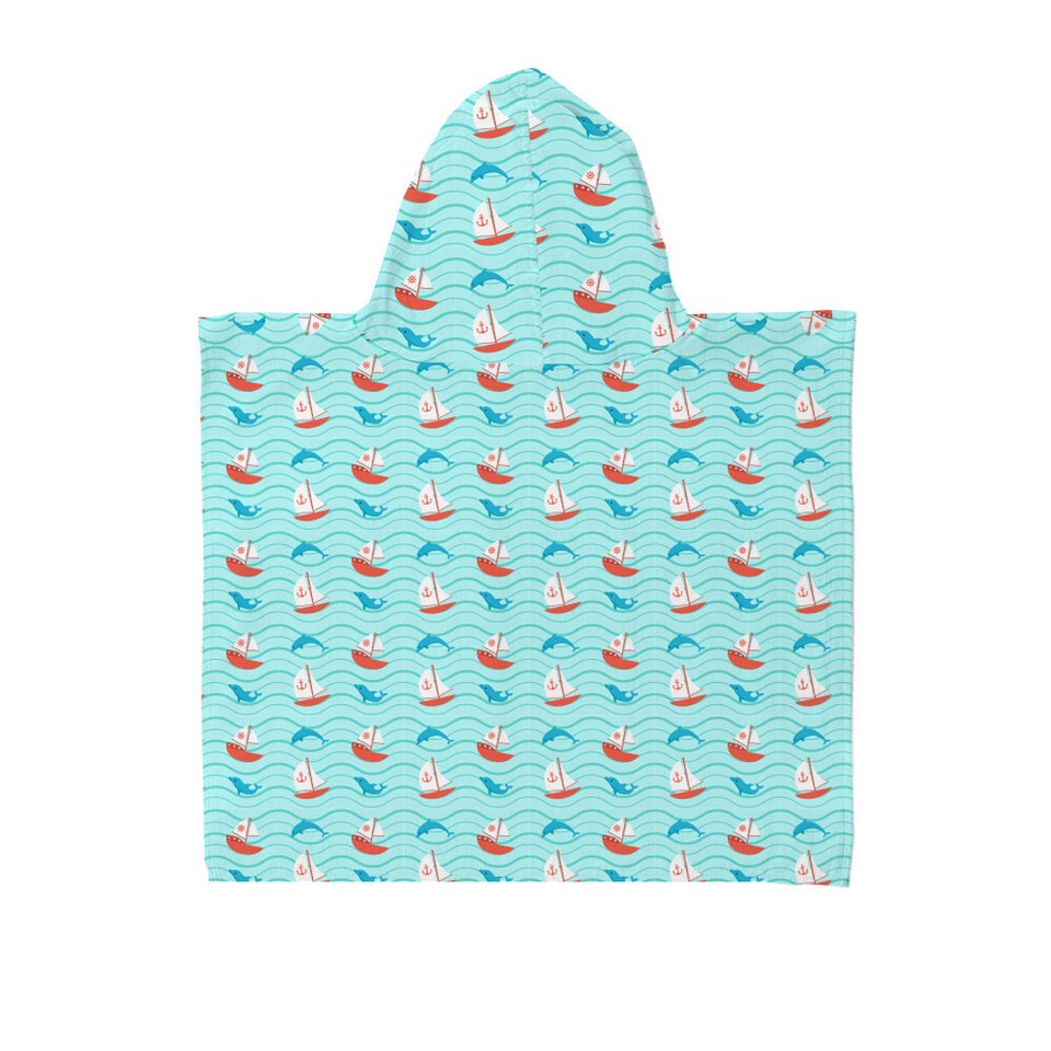 Kids Hooded Towel Poncho Dolphin & Boat Design Childrens Bathrobe Swim ...