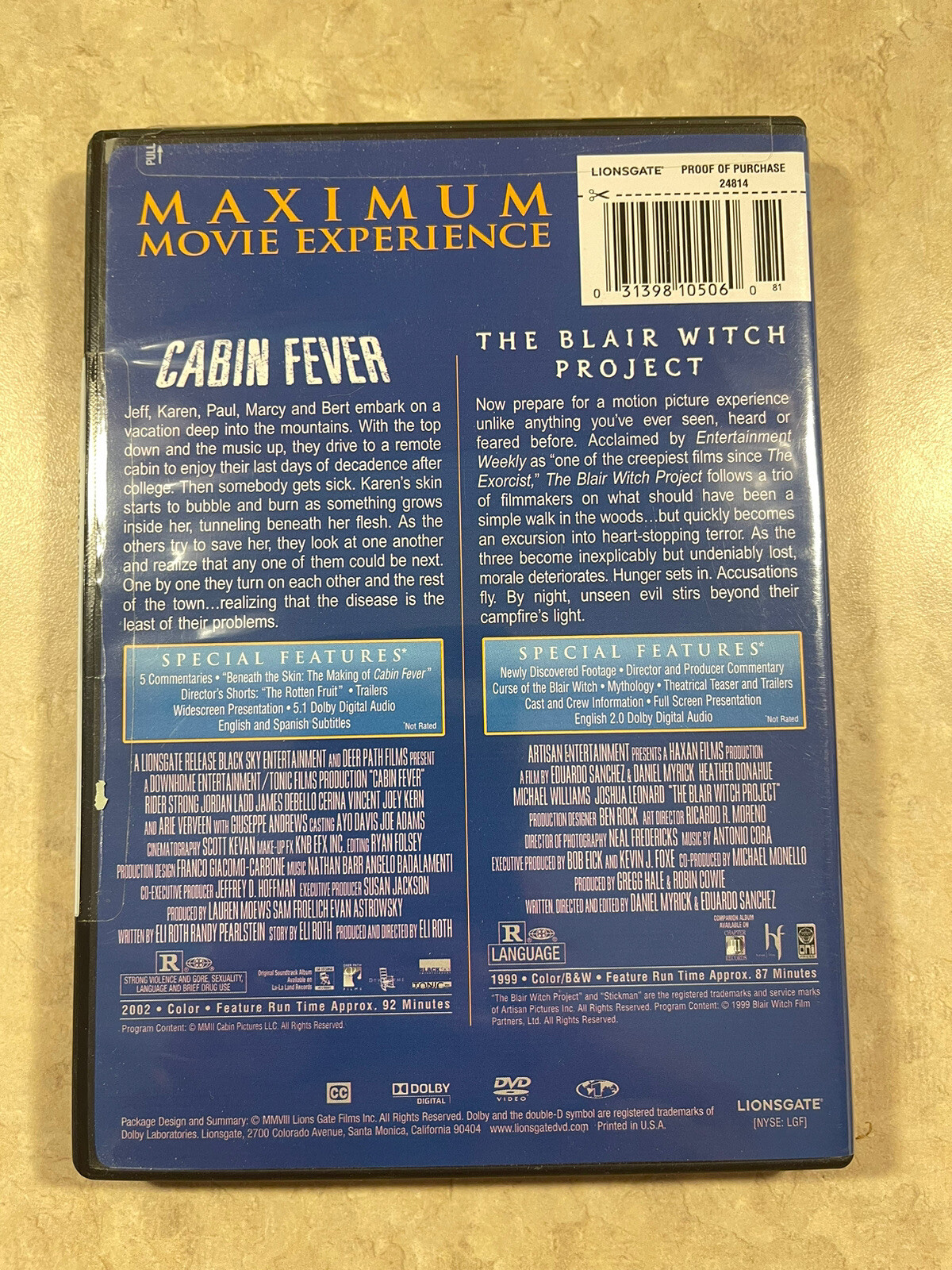 Double Feature 2 DVD Set Cabin Fever And The Blair Witch Project. Like ...