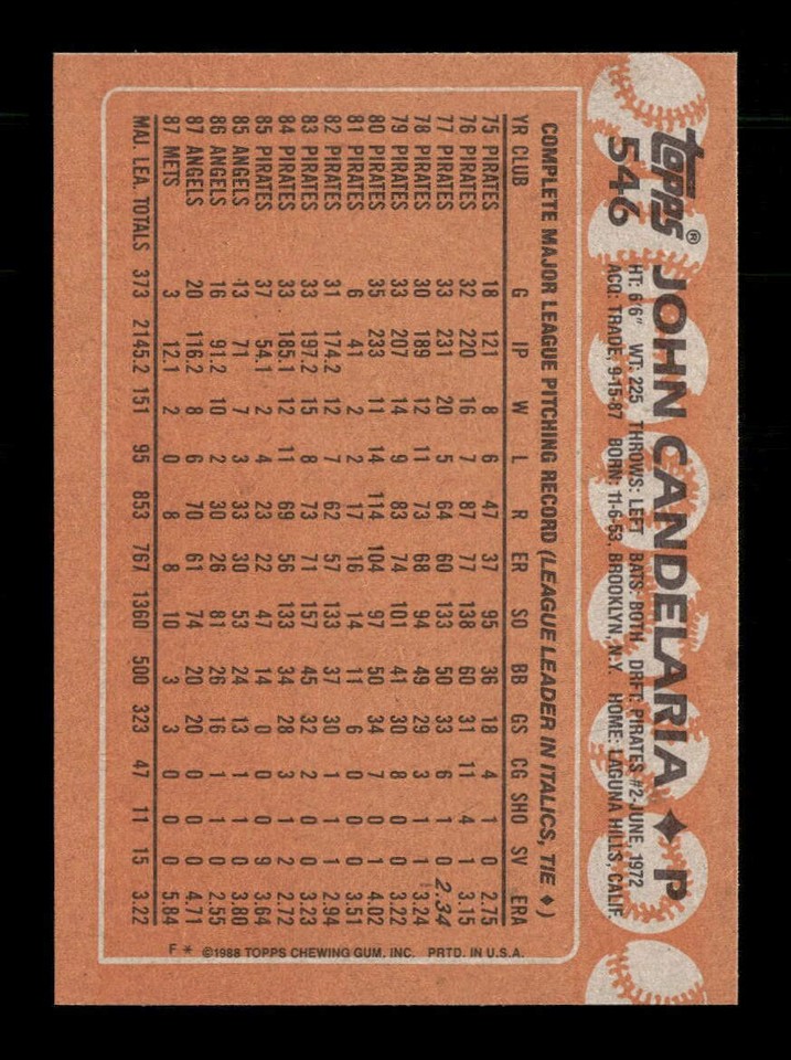 1988 Topps #546 John Candelaria New York Mets GEM-MT Baseball Card *C271 | eBay