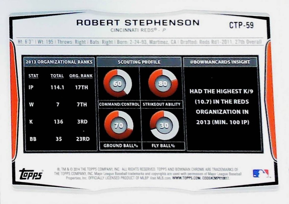 2014 Bowman Chrome CTP-59 ROBERT STEPHENSON Prospect Rookie Card ...
