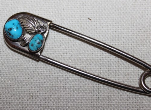 Giant Safety Pin Keyring Turquoise Leaf Key Chain Tag 4in Navajo Mens ...