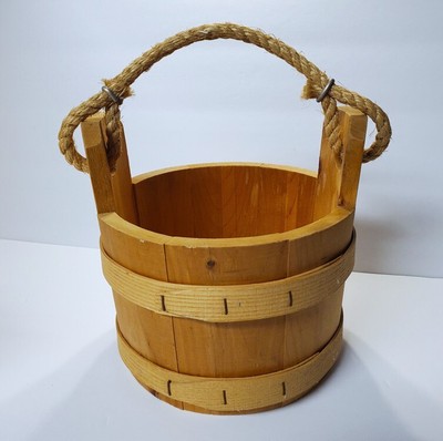 Lg Vintage BASKETVILLE Putney Vermont Wood Bucket Rope Handle Water ...