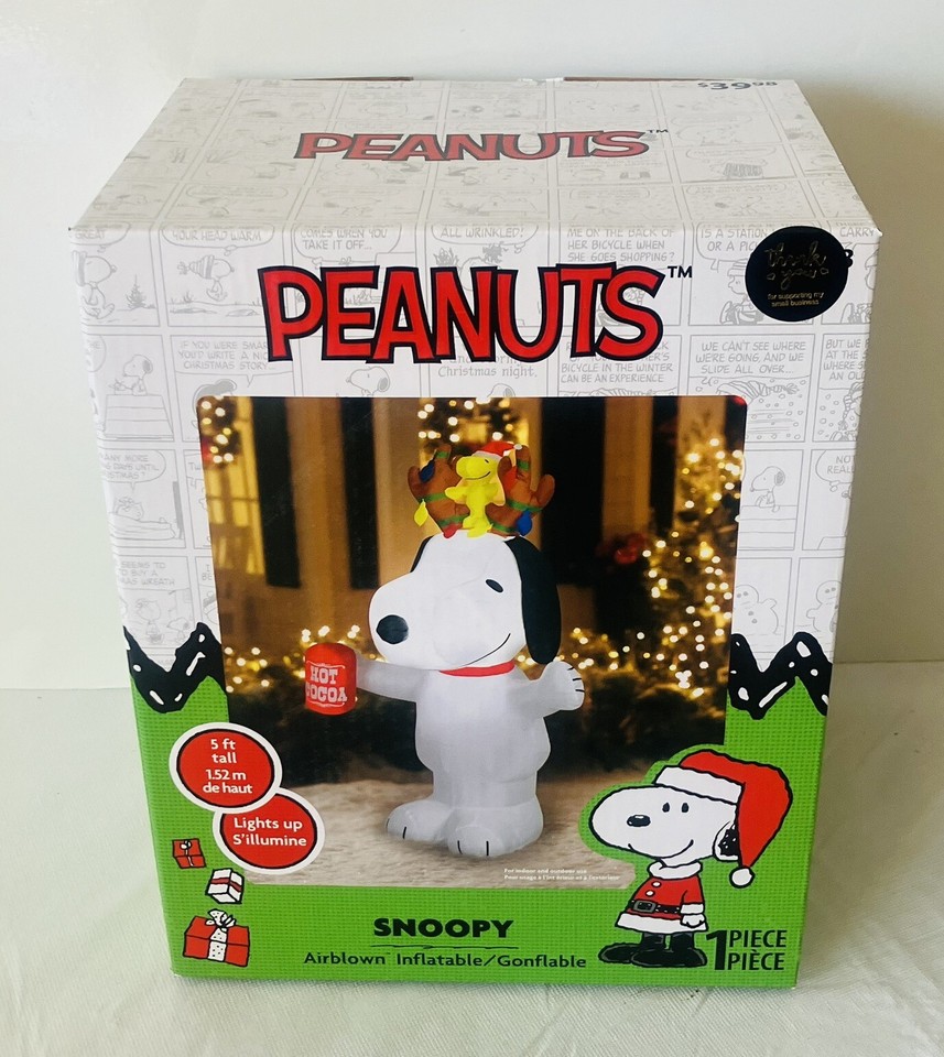 Peanuts Christmas Inflatable 5ft Snoopy + Woodstock Antlers + Hot Cocoa ...