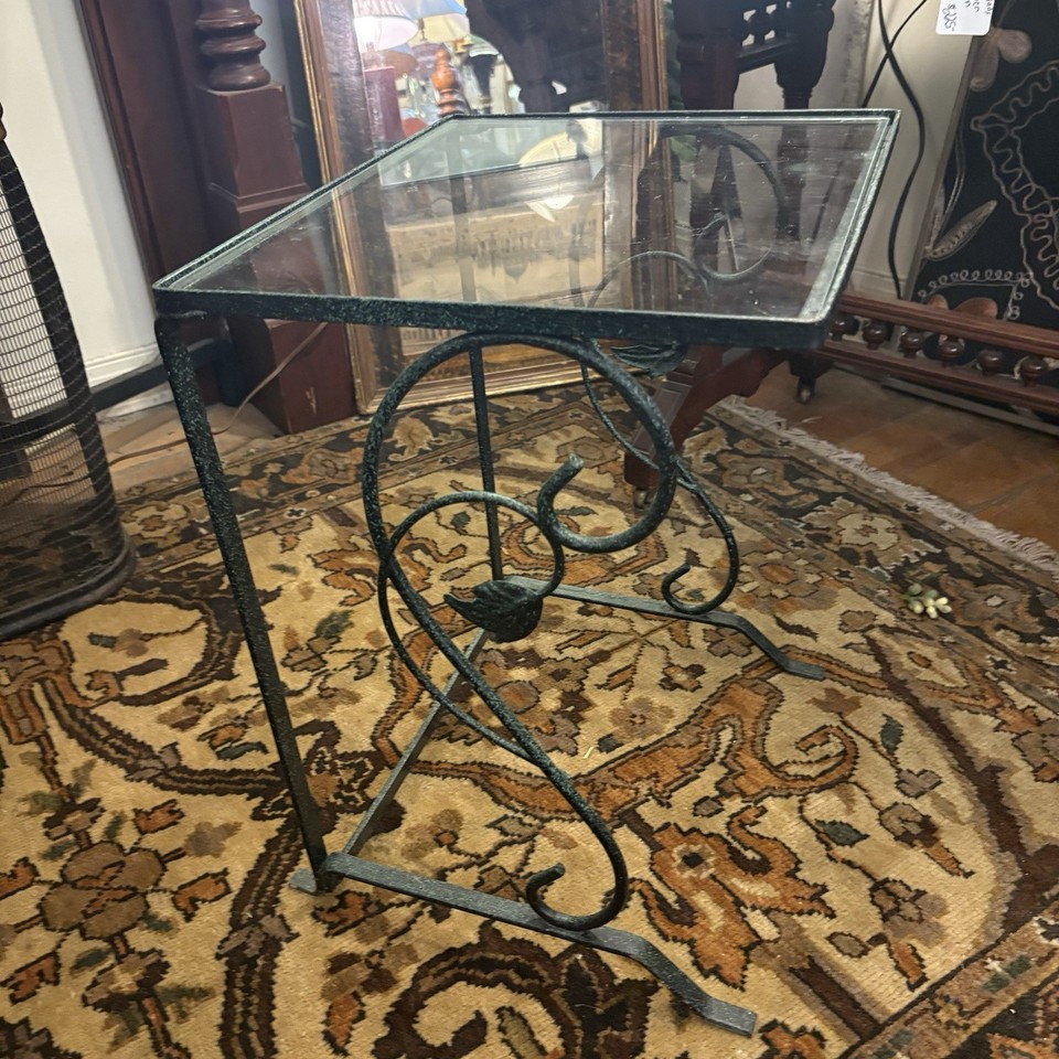 VINTAGE SMALL VERDIGRIS WROUGHT IRON GLASS TOP SIDE TABLE 14.5x12.5 ...