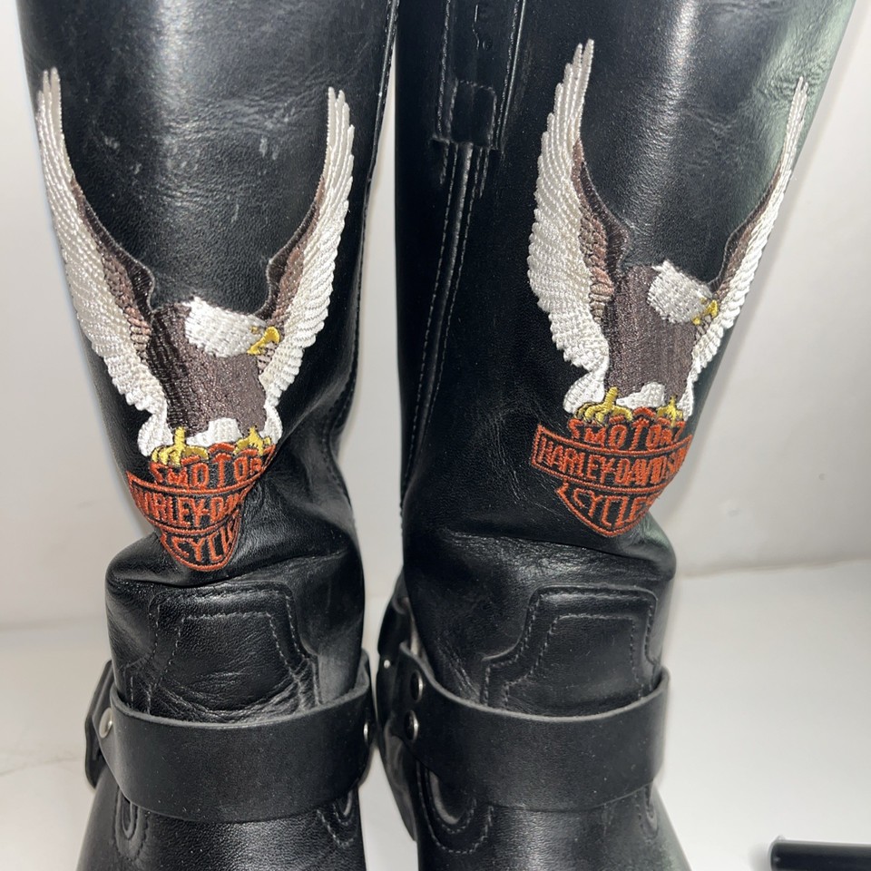 Harley Davidson Black Leather Boots Harness Embroider Eagle Logo SQ Toe ...