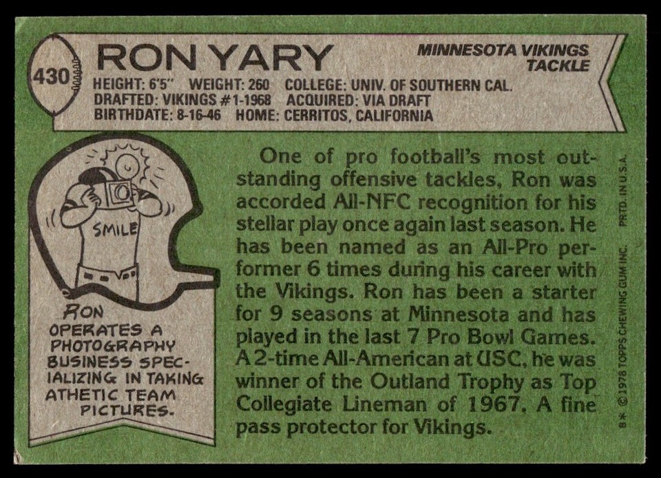 1978 Topps Ron Yary Minnesota Vikings #430 | eBay