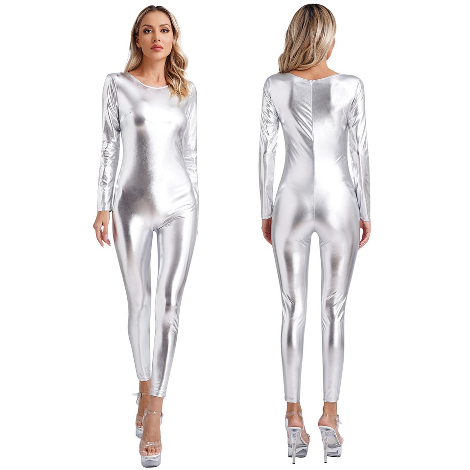 Womens Leotard Long Sleeve Full Body Bodysuit Metallic Shiny Unitard ...