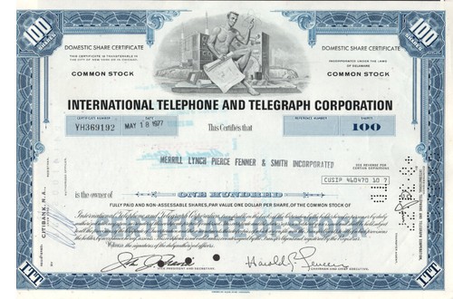 International Telephone-Telegraph - Original Stock Certificate - 1977 ...