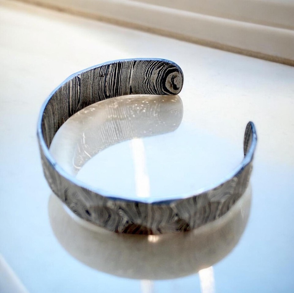 Damascus Hammered Bangle Hand Forged Steel Cuff Bracelet Viking Modern ...