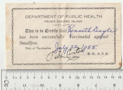 Vtg 1955 PEI Smallpox Vaccination Record Department Of Public Health J ...