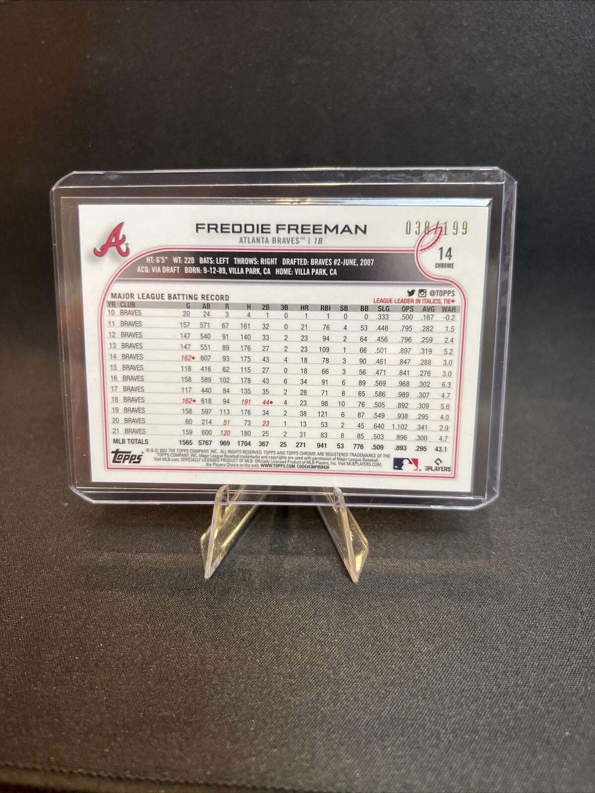 2022 TOPPS CHROME SONIC #14 FREDDIE FREEMAN *AQUA PINK REFRACTOR #038/ ...