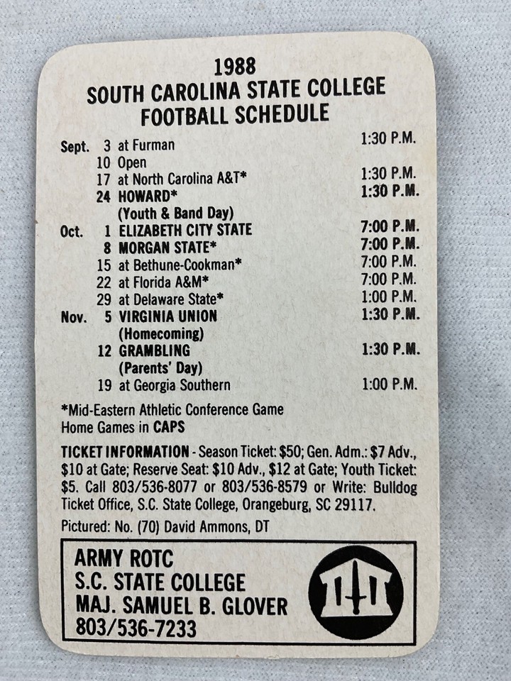 CFB South Carolina State College Bulldogs 1988 Football Schedule Card ...