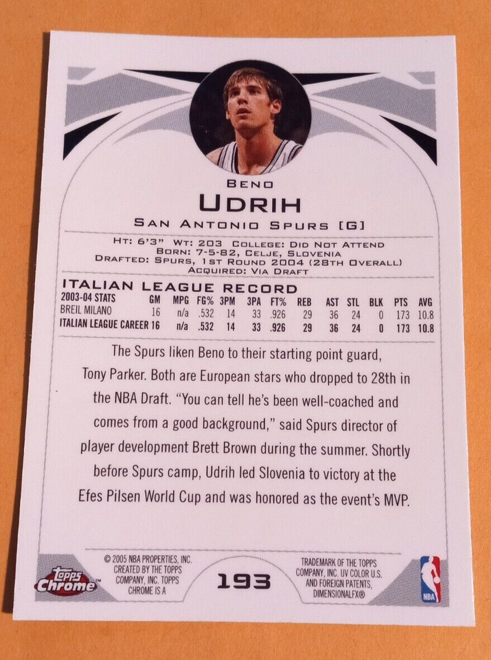 2004-05 Topps Chrome Beno Udrih Rookie RC #193 - Spurs | eBay