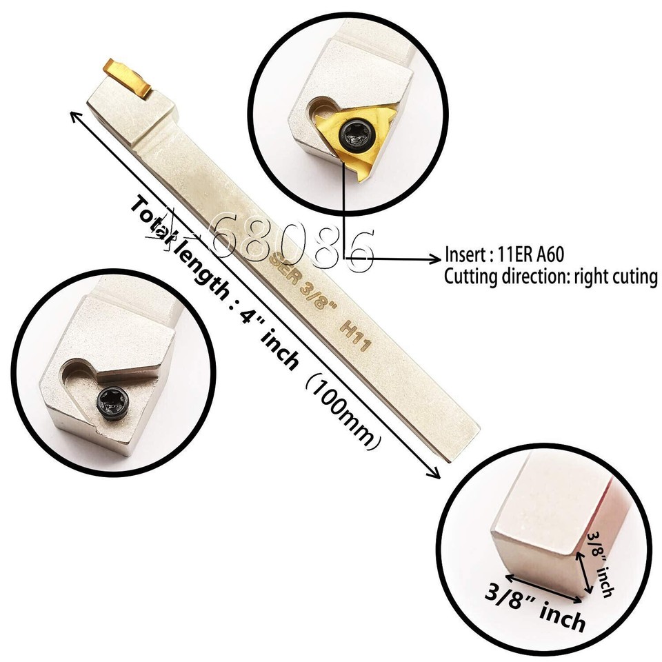 9.525mm SER 3/8 H11 Thread Turning Tools Cutter Lathe Holder + 11ER A60 ...