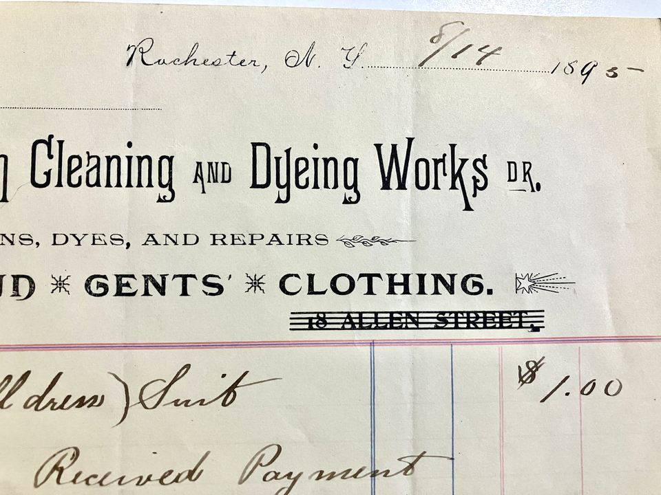 ROCHESTER NEW YORK, PEERLESS STEAM CLEANING & DYEING WORKS, RECIPT BILL ...