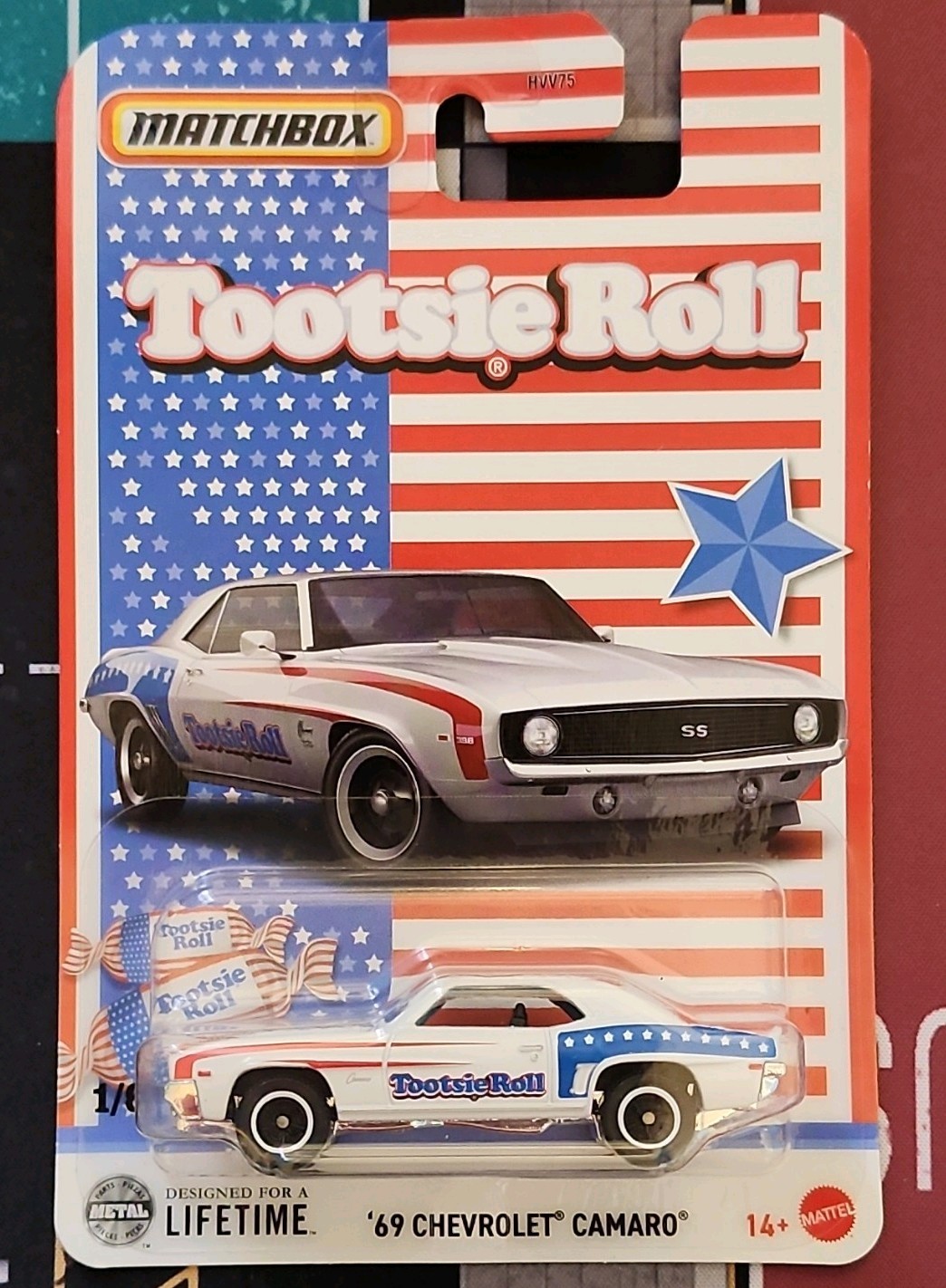 Matchbox Tootsie Roll '69 Chevrolet Camaro White Blue Red 1:64 Diecast ...