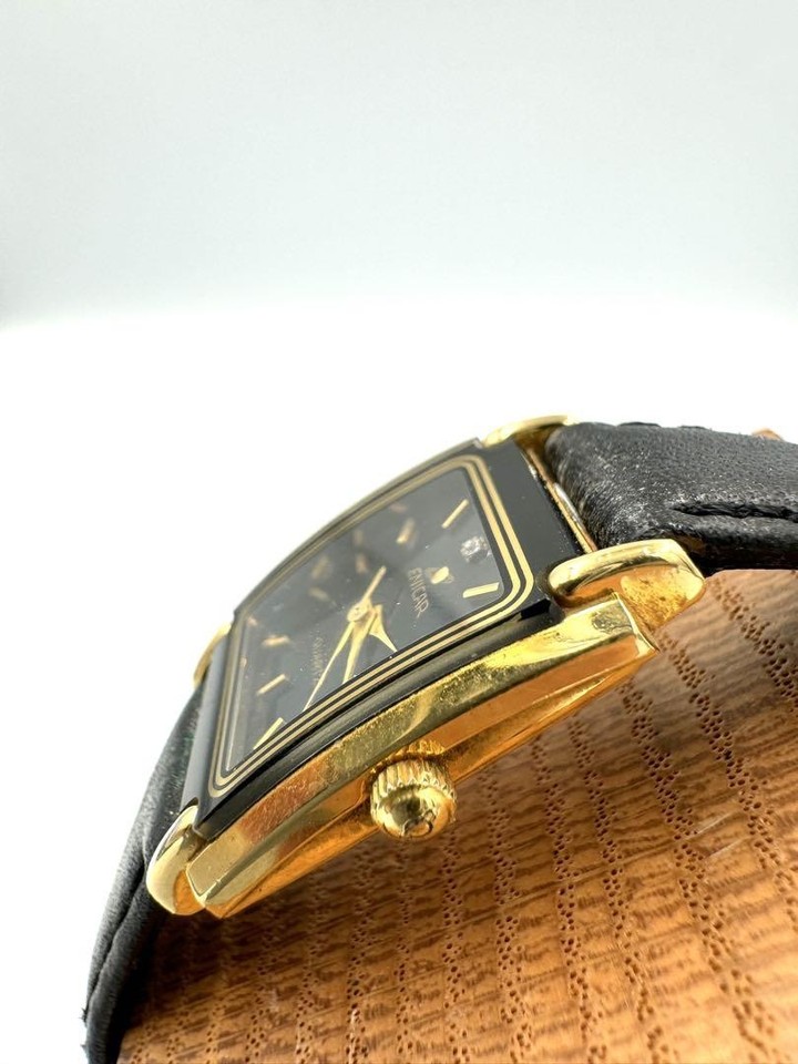 ENICAR Quartz Watch A2650 Black Leather Gold Case Swiss Vintage | eBay