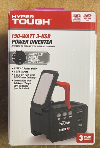 Hyper Tough 150-Watt Power Inverter 3 USB A & C Ports Work Light New ...