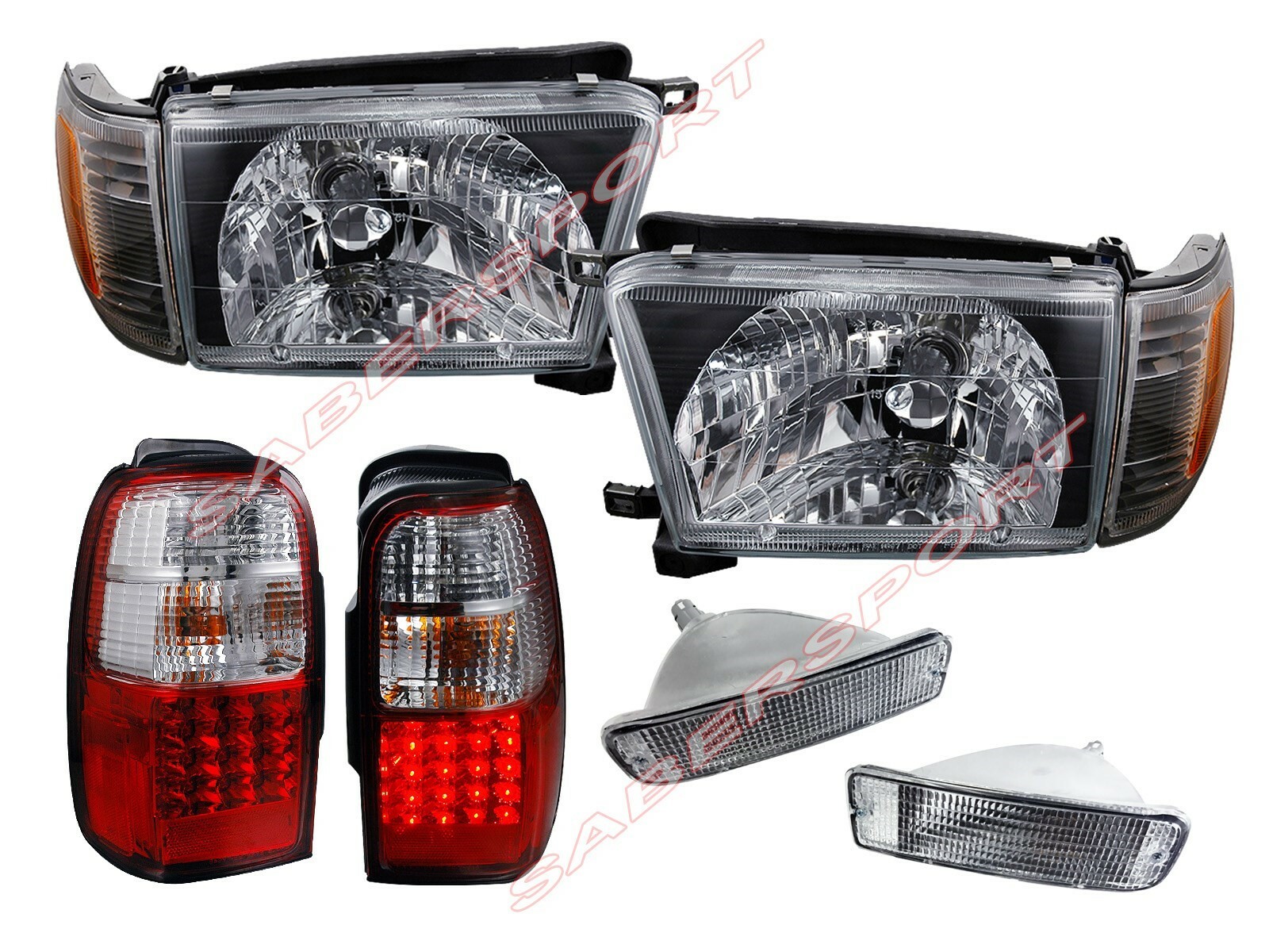 Black Headlights + Clear Bumper + Red LED Taillights for 96-98 Toyota ...