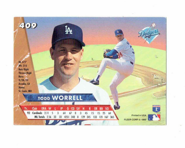 Todd Worrell Los Angeles Dodgers Pitcher #409 Fleer 1993 #Baseball Card ...