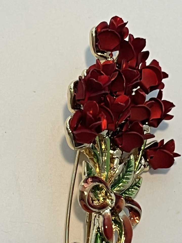 Vintage Enamel Bouquet Of 12 Red Roses Tied With A Bow Brooch Pin With ...