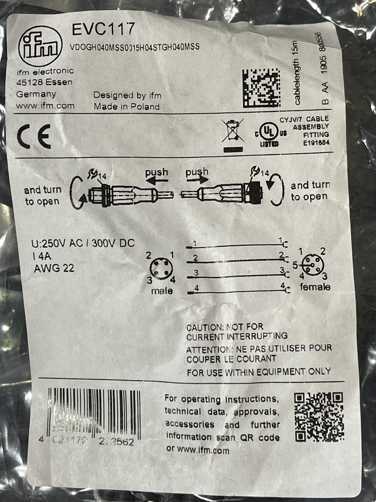 IFM ELECTRONIC EVC117 M12 CONNECTION CABLE 15m | eBay