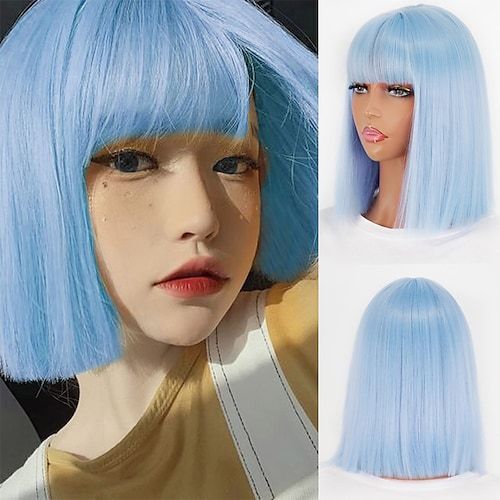 Women Synthetic Straight Light Blue Wigs With Bangs Short Bob Cosplay ...