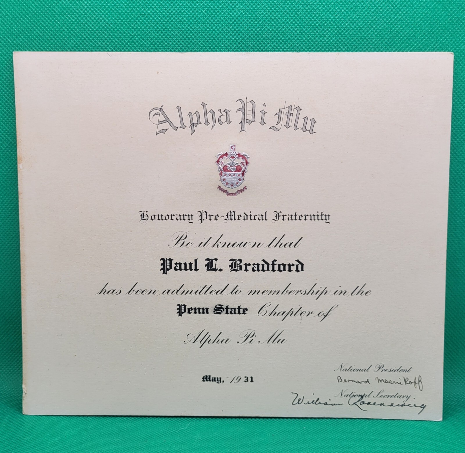 Vintage '31 Penn State Alpha Pi Mu Pre-med Fraternity Membership ...