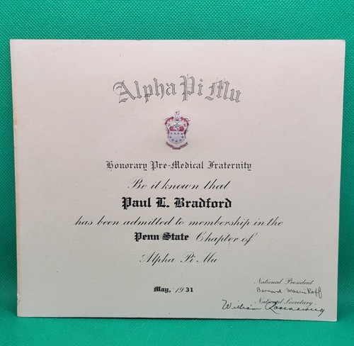 Vintage '31 Penn State Alpha Pi Mu Pre-med Fraternity Membership ...