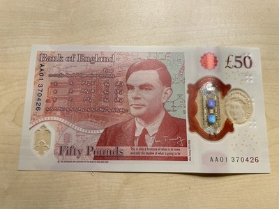 AA01 370426 - £50 UNCIRCULATED BANK OF ENGLAND NOTE - ALAN TURING ...