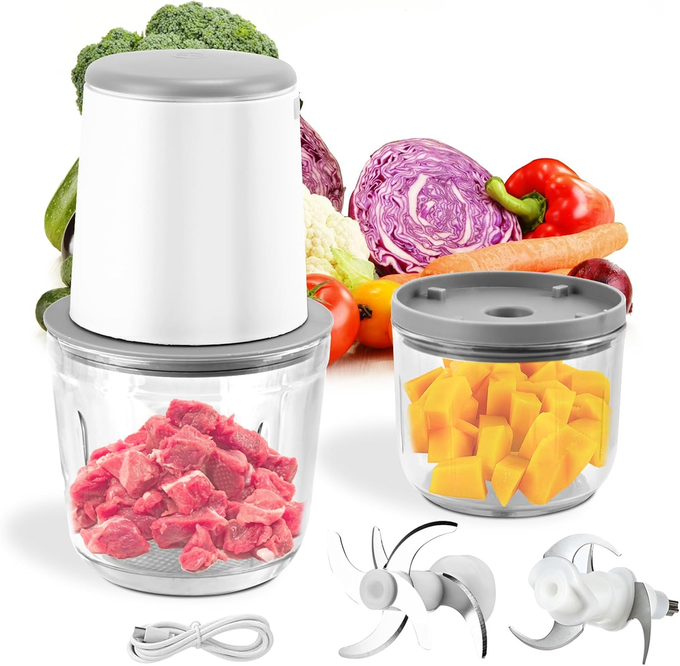 Rechargeable Mini Food Processor, 2-In-1 Electric Chopper with 2 Glass ...