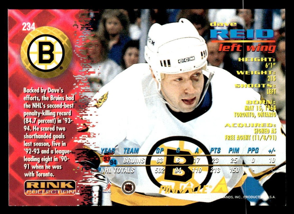 Dave Reid 1994 Pinnacle Rink Collection Card #234 Boston Bruins | eBay