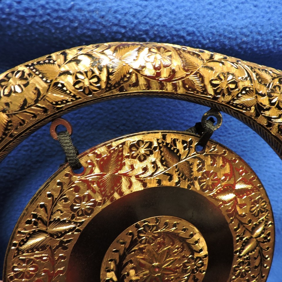 Brass Oriental Gong Hanging Dinner Bell Floral Etched 13.5" tall | eBay