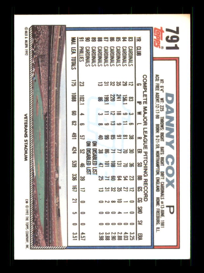 1992 Baseball Topps Danny Cox Philadelphia Phillies #791 | eBay