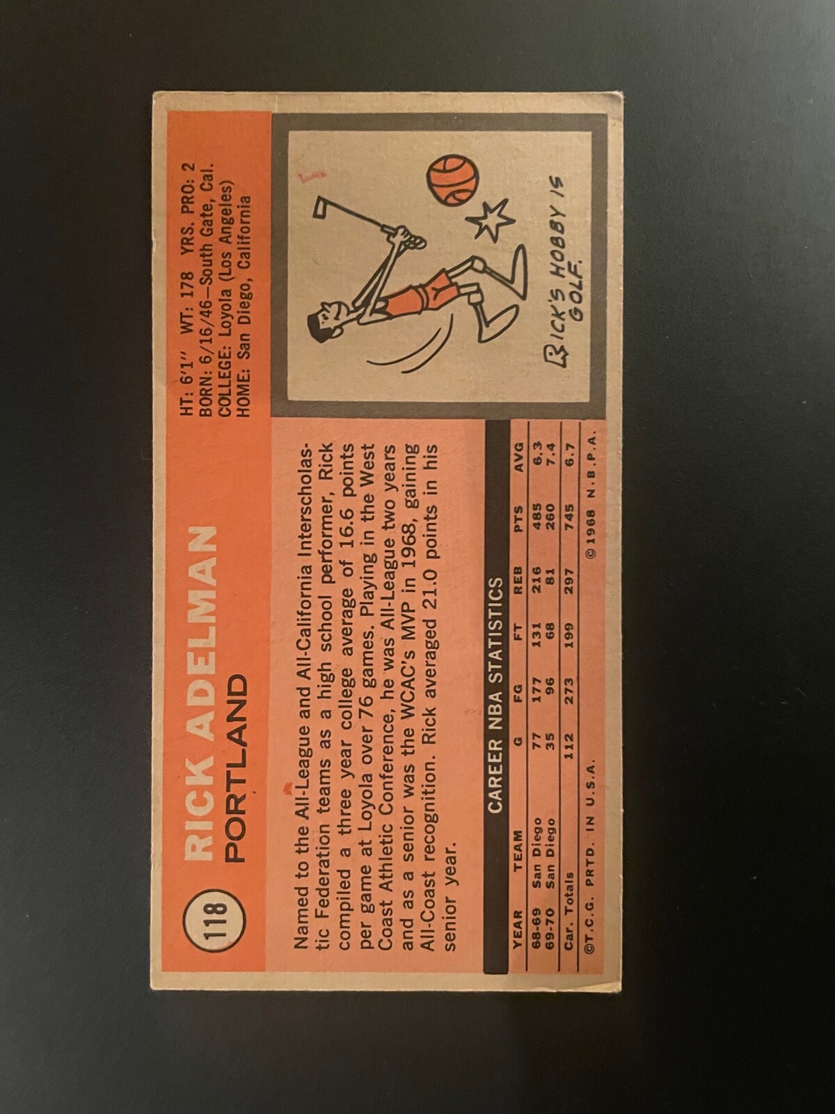 1970 TOPPS RICK ADELMAN BASKETBALL CARD #118 - PORTLAND TRAIL BLAZERS ...