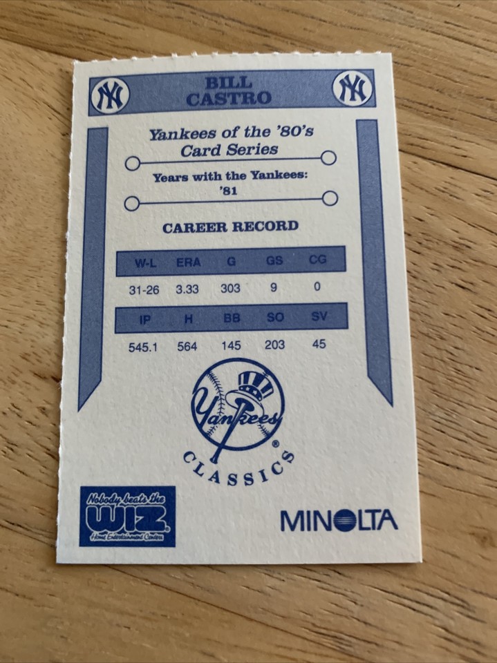 BILL CASTRO SIGNED 1992 NEW YORK YANKEES 1980’S WIZ SGA PROMO BASEBALL ...
