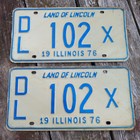 PAIR 1976 Illinois DEALER License Plates - "DL 102 X" LAND OF LINCOLN ...