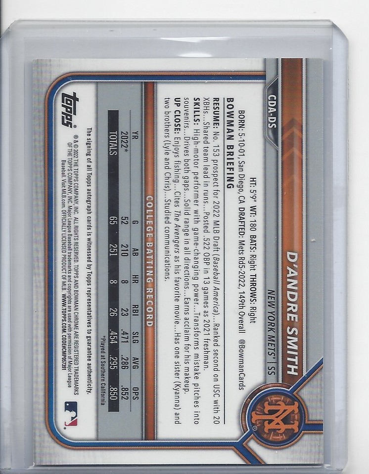 D'ANDRE SMITH 2022 BOWMAN DRAFT CHROME 1ST PROSPECT ON CARD AUTO | eBay