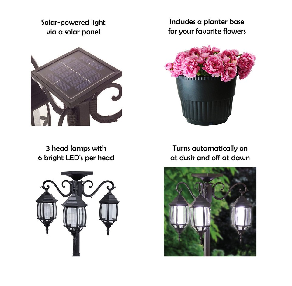 6.6 ft (79 in) Tall Solar Lamp Post and Planter - 3 Heads, White LEDs ...