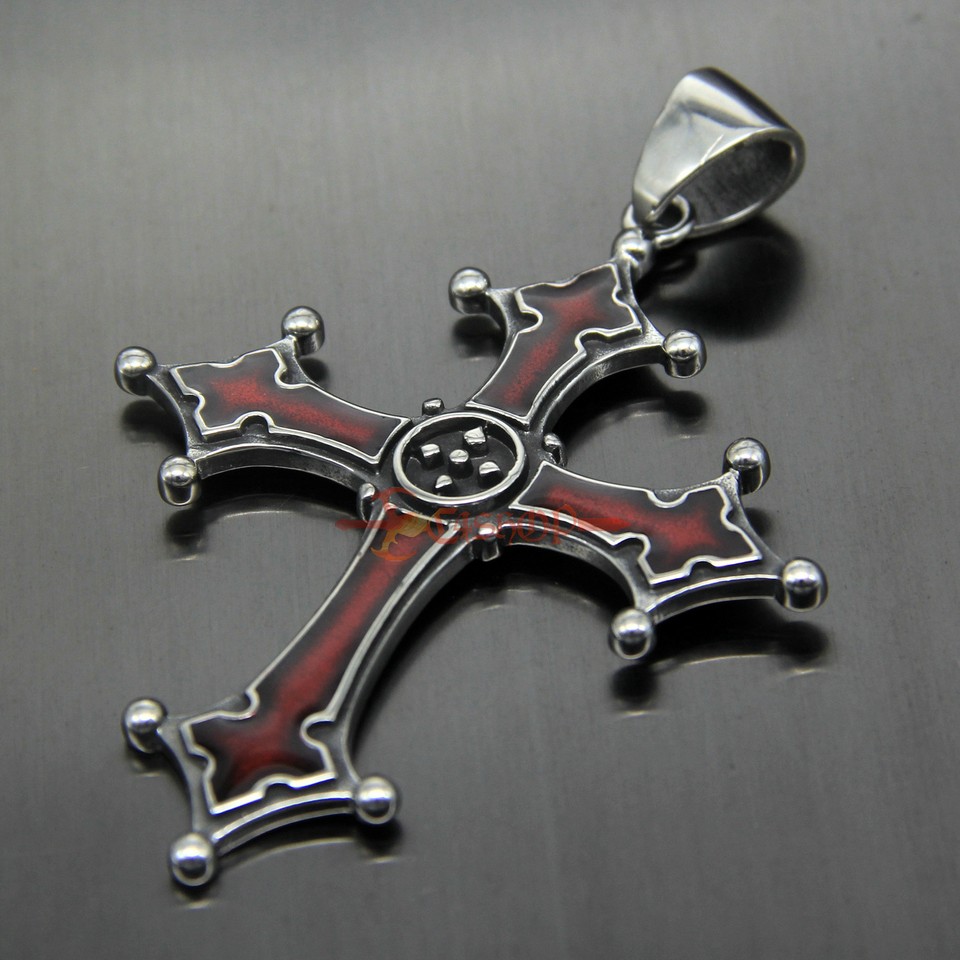 Large Classic Red Enamel Stainless Steel Cross Men Necklace Chain ...