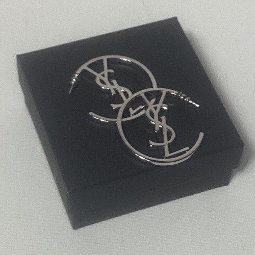 YSL Yves Saint Laurent Logo Silver Earrings with Box | eBay