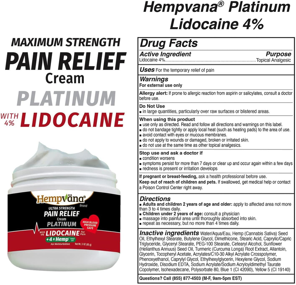 Hempvana Platinum Lidocaine Ultra-Strength Relief Cream, 4X Hemp, Numbs ...