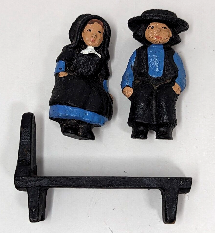 Vintage Cast Iron Blue Amish Boy Girl Couple Sitting on Bench Figurines ...