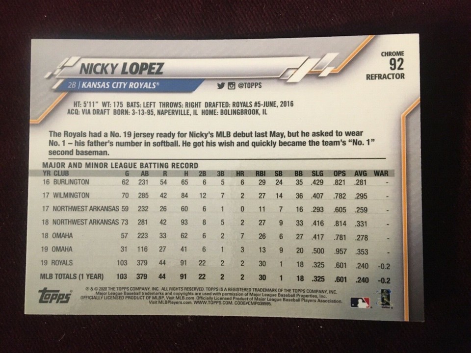 2020 Topps Chrome Base Refractor Royals Nicky Lopez Baseball Card #92 ...