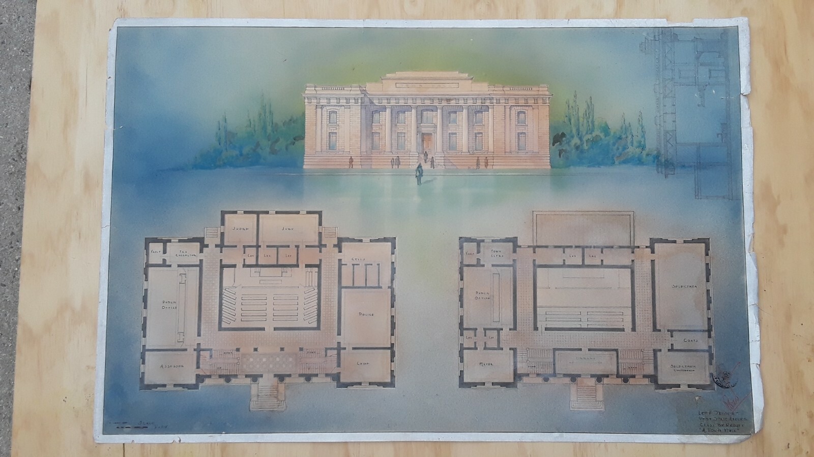 1930 Original Antique Architectural Rendering of Town Hall by Lee ...