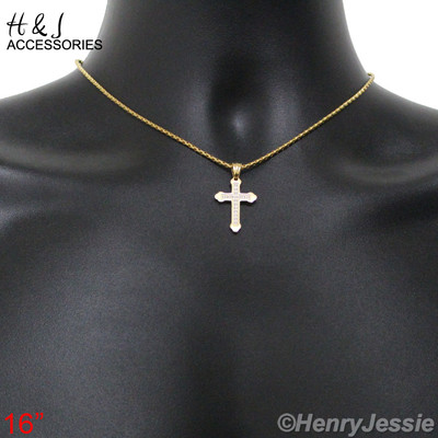 16"WOMEN Stainless Steel 2mm Gold Plated Box Chain Small CZ Cross ...